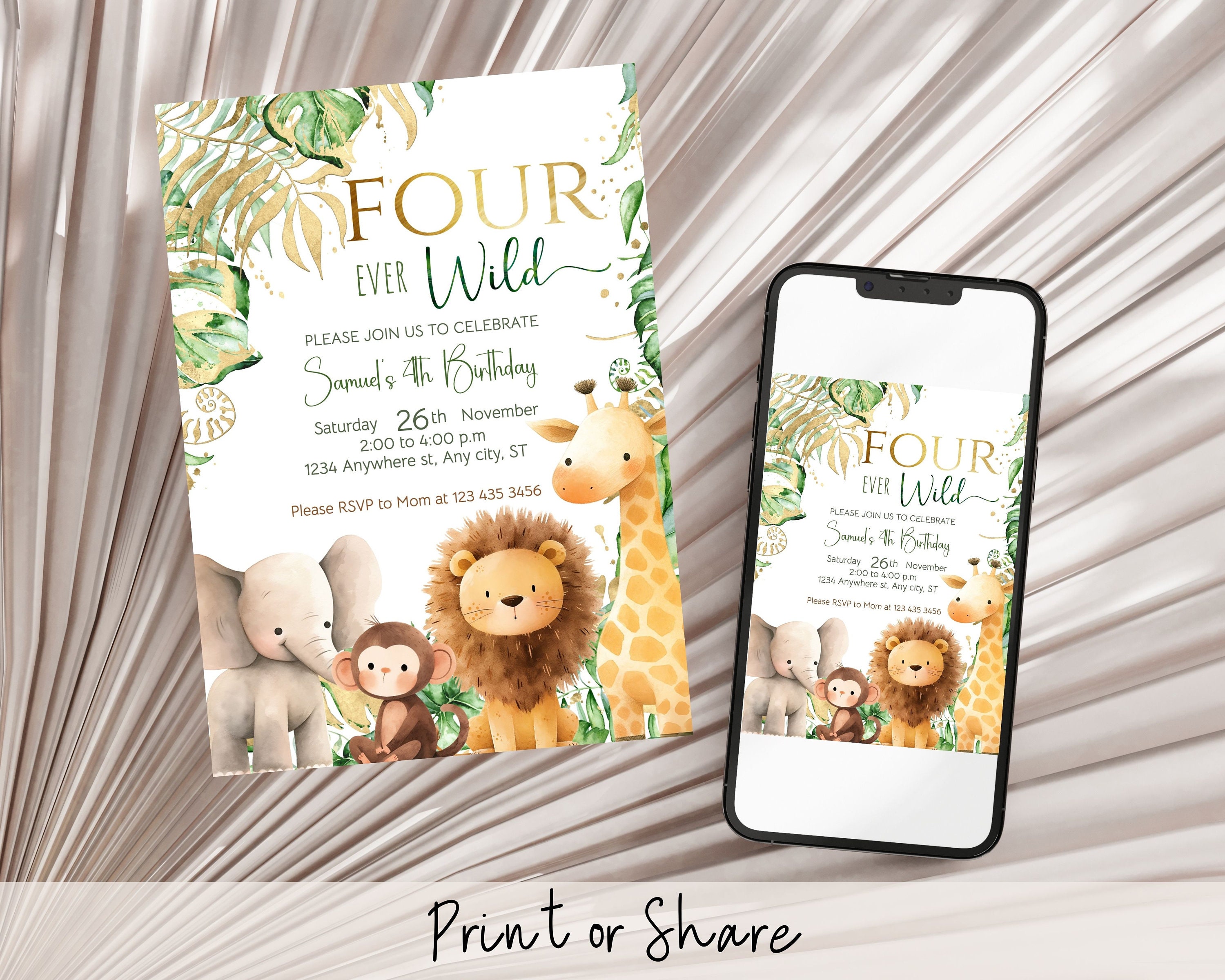 Safari Birthday Invitation, Jungle Animals Invitations, Four Ever Wild ...