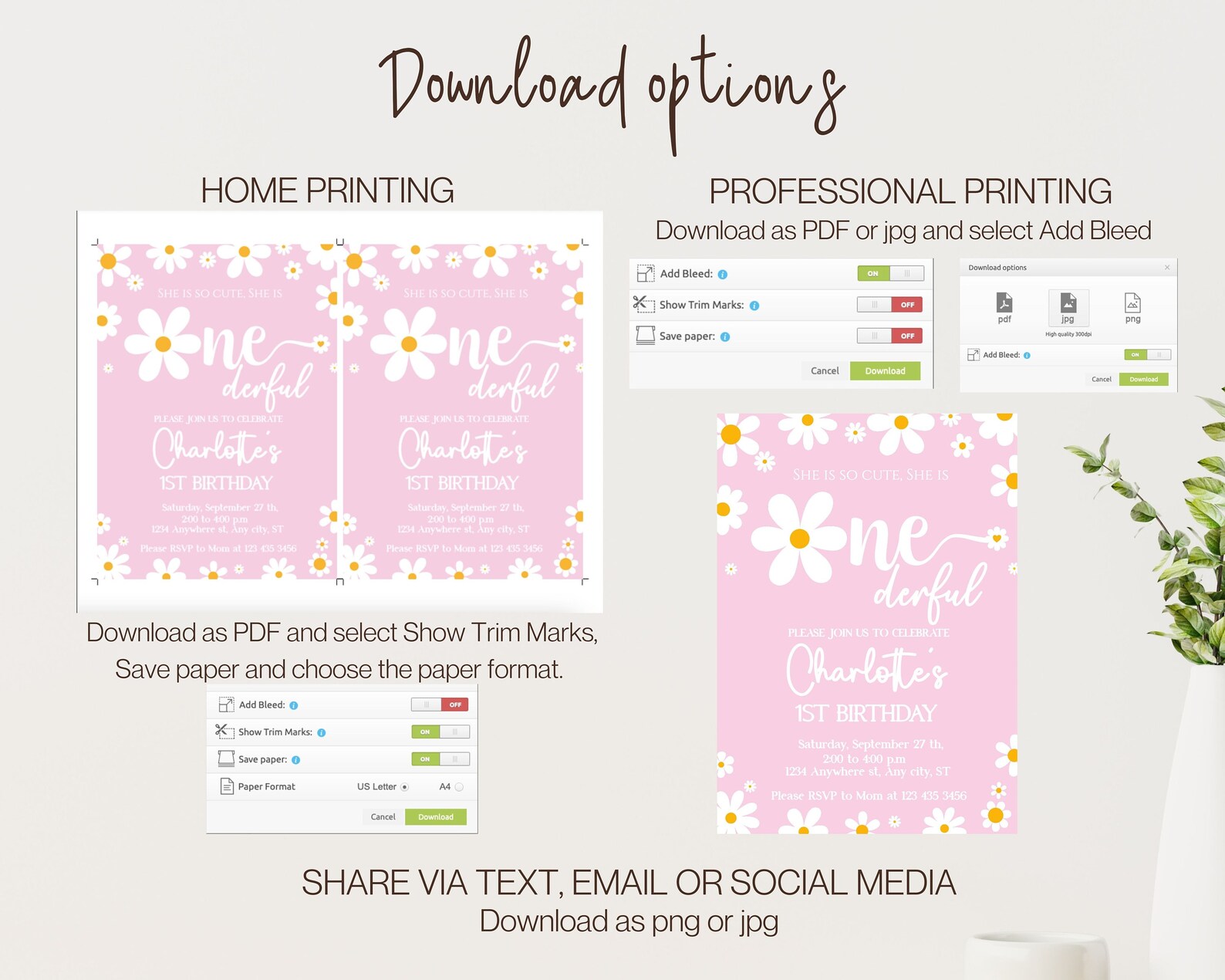 Daisy First Birthday Invitation: Editable Boho Party Evite (digital ...