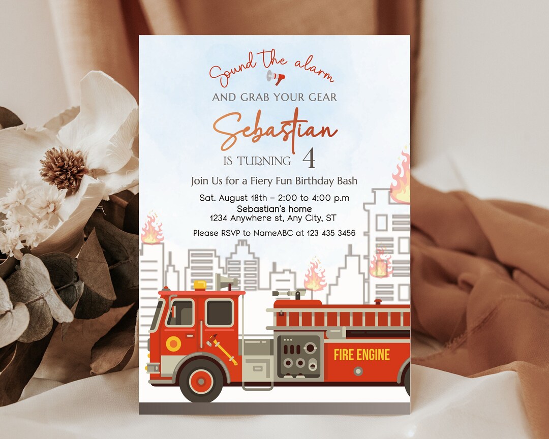 Firetruck Birthday Invitation, Kids Firefighter Party Invitation ...