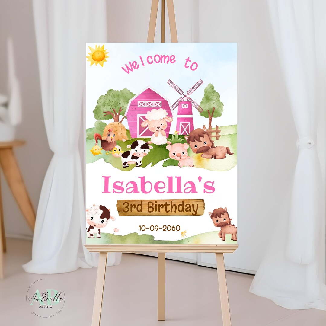 Editable Farm Welcome Sign Template, Pink Farm Birthday Custom Sign ...