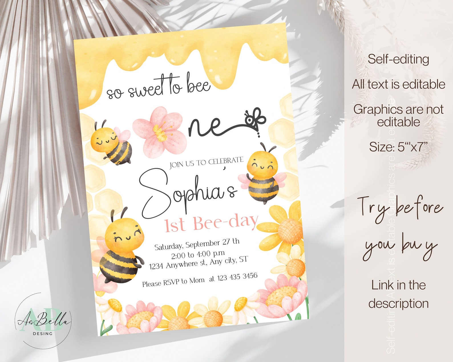 Bee Birthday Invitation: Sweet One Party, Floral (digital Download) - Etsy