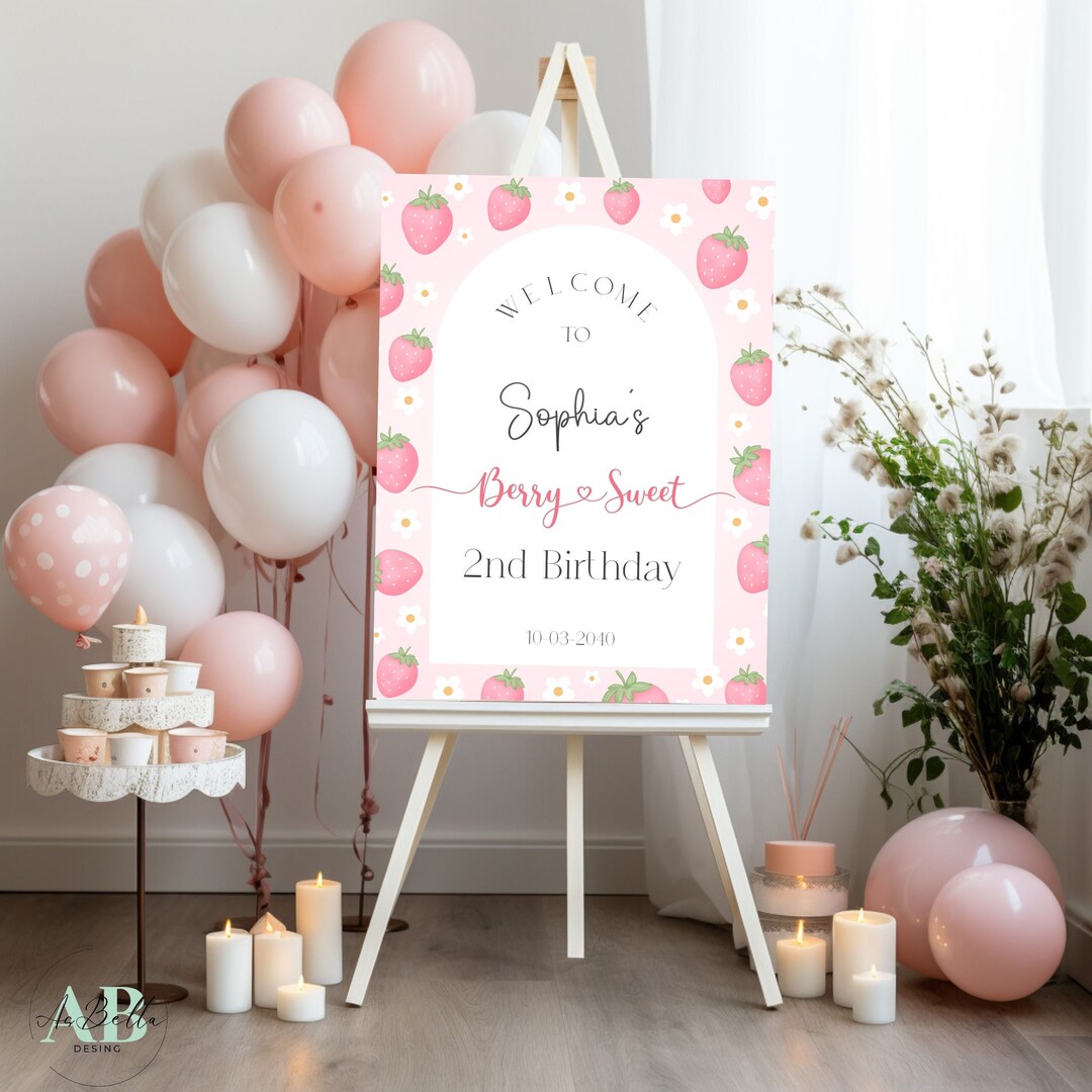 Editable Strawberry Welcome Sign Template, Berry Sweet Birthday Sign ...