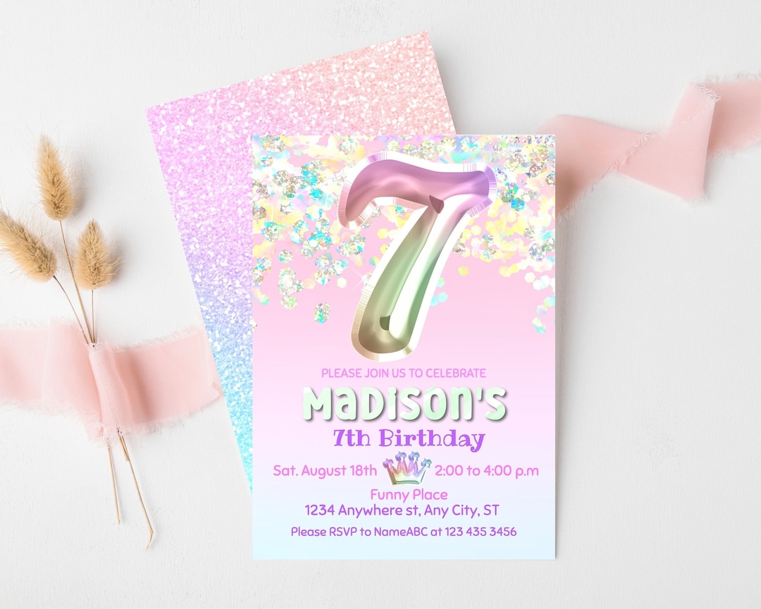 7th Birthday Invitation Template, Seventh Rainbow Glitter Birthday ...