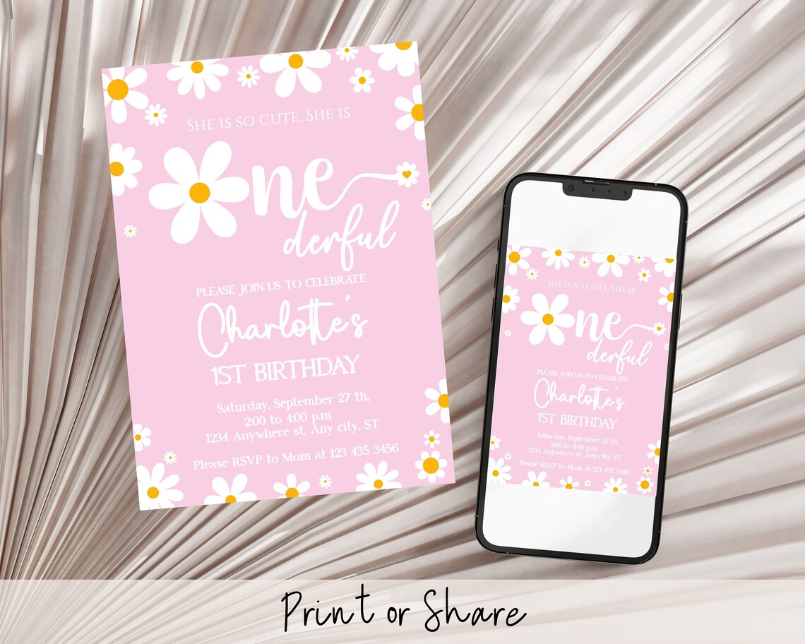 Daisy First Birthday Invitation: Editable Boho Party Evite (digital ...