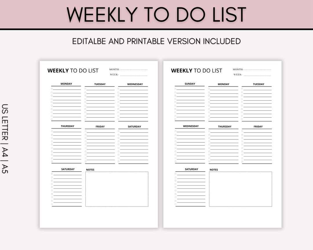 Weekly to Do List Printable, Editable Weekly Planner, Weekly Planner ...