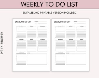 Weekly to Do List Printable, Weekly Task List Template, Weekly Planner ...
