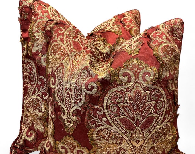 Paisley Deep Red, Gold and Brown Accent Throw Pillow Cover With Welt ...