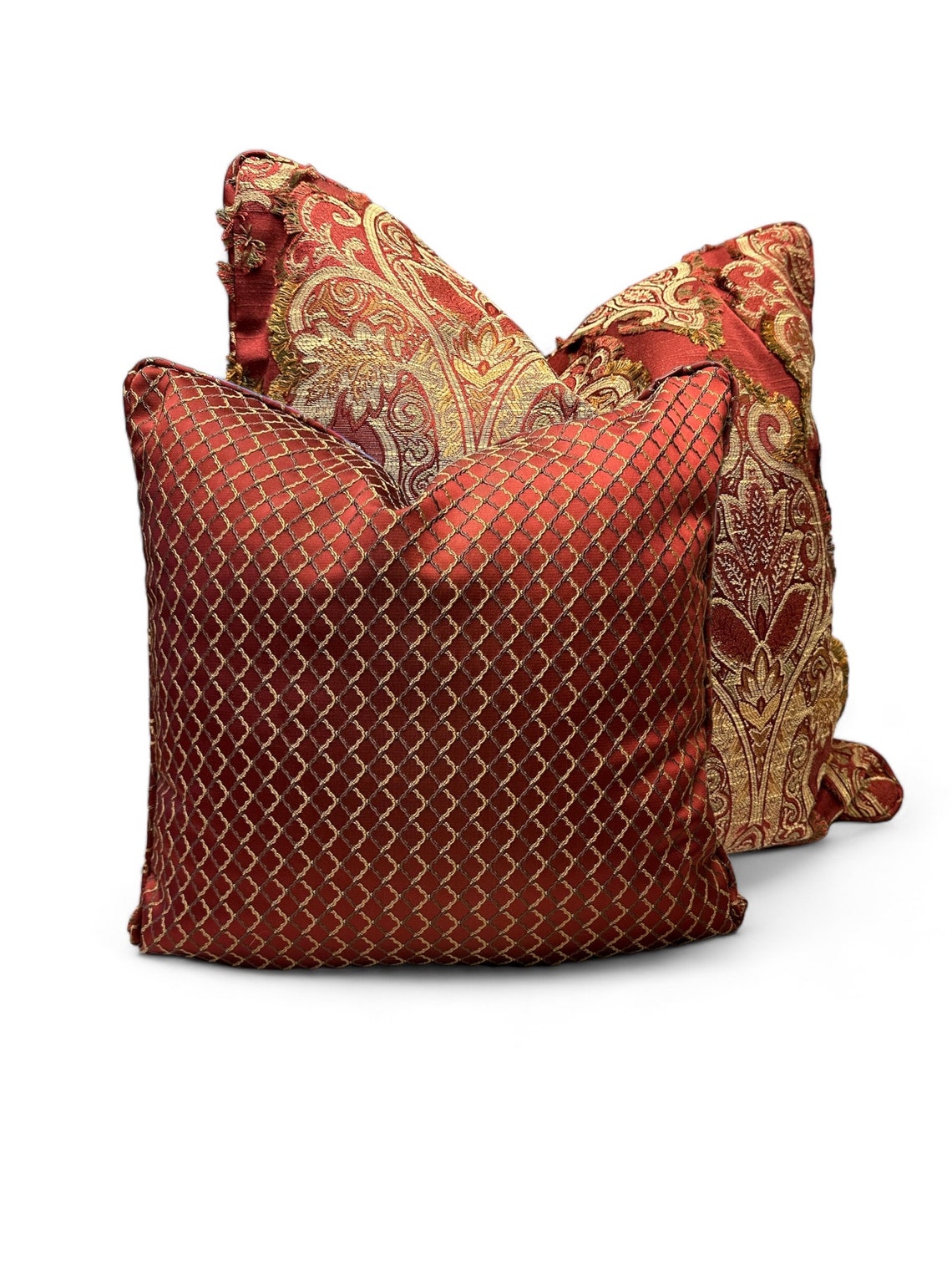 Paisley Deep Red, Gold and Brown Accent Throw Pillow Cover With Welt ...