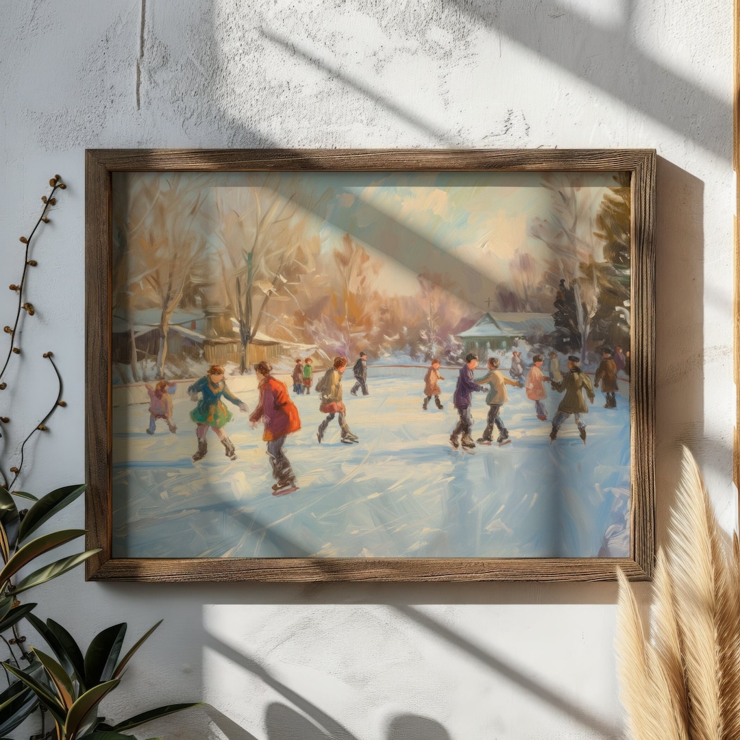 Rustic Ice Skating Rink Art Vintage Scenery Oil Painting Printable ...