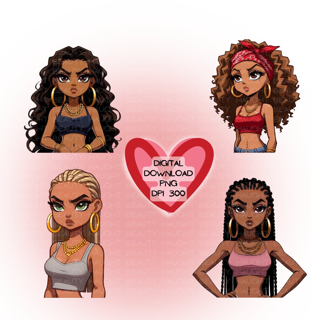 Urban Cartoon Style Characters, 4 Cartoon Girls Bundle, PNG ...