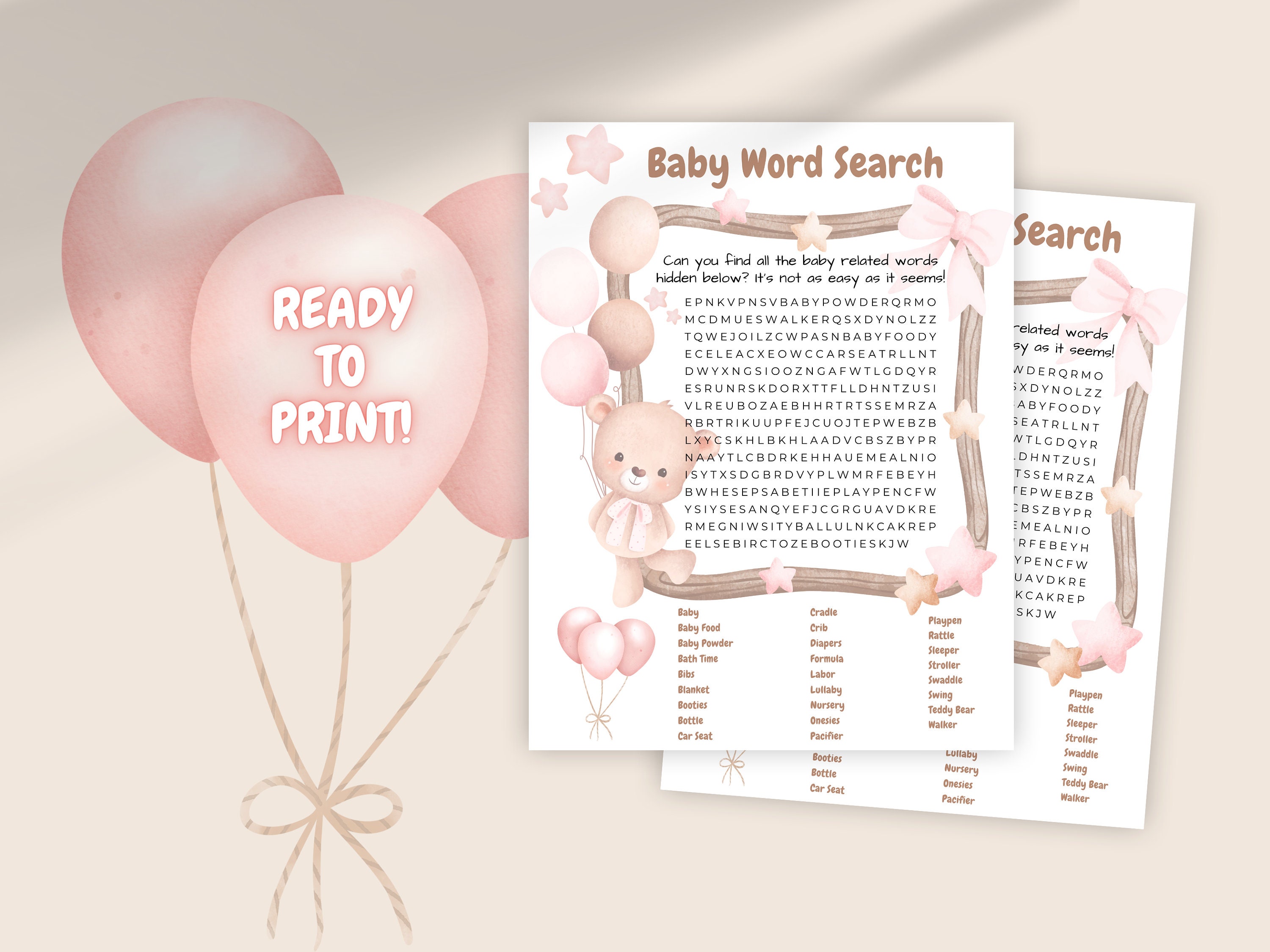 Pink Bear Baby Shower Game, BABY WORD SEARCH, Baby Printable Games ...