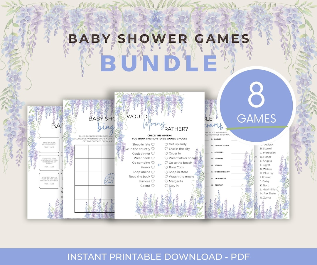 Blue Baby Shower Game Bundle, Printable, Blue Flower Baby Shower ...
