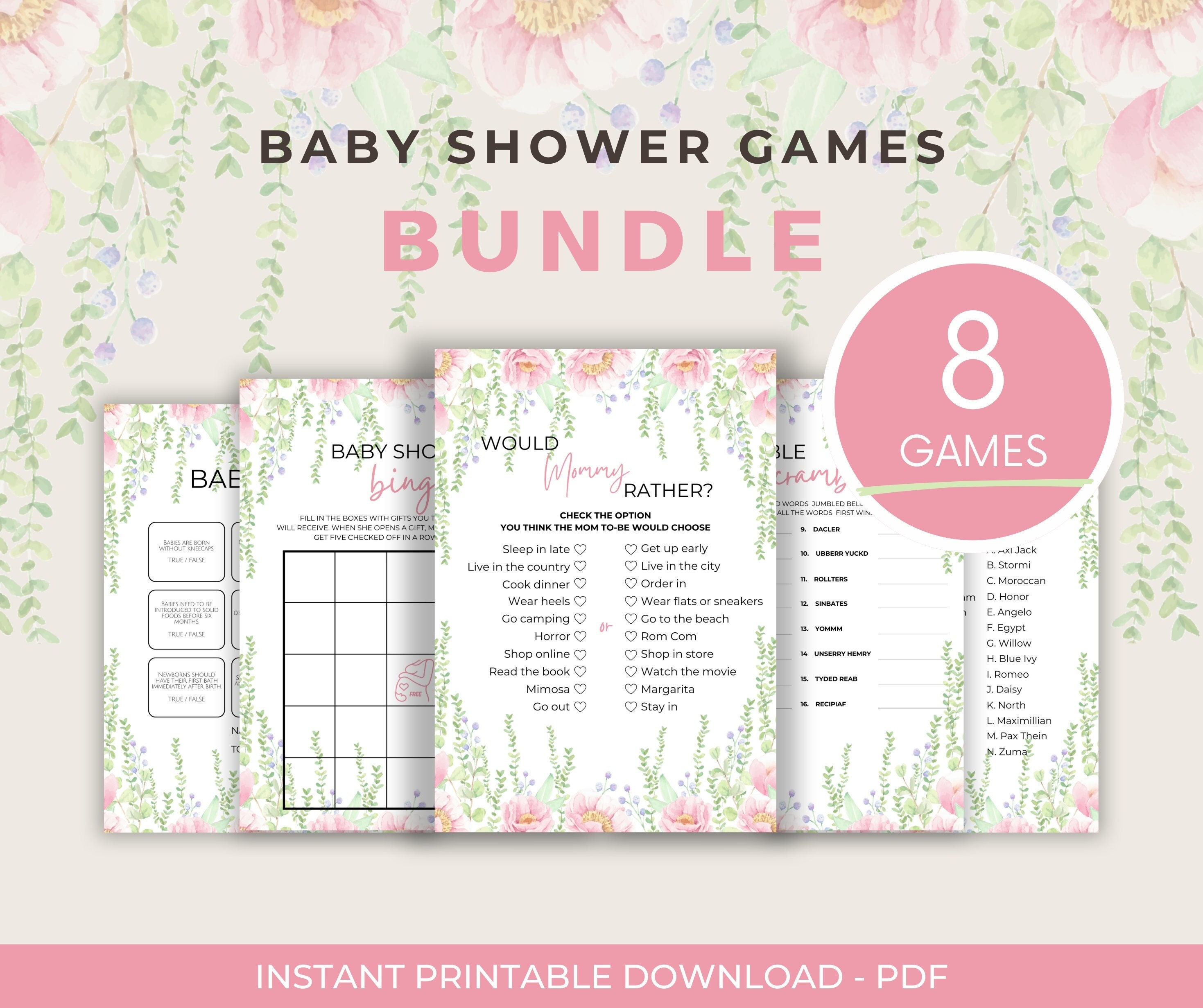 Pink Baby Shower Game Bundle, Printable, Pink Flower Baby Shower ...