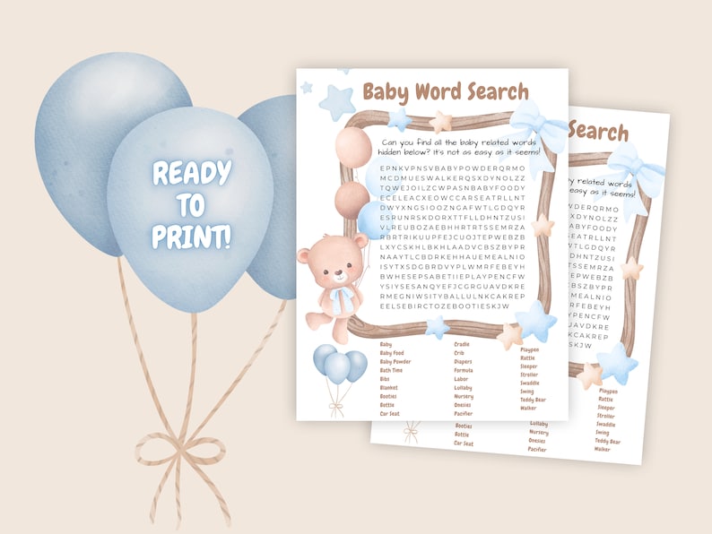 Blue Bear Baby Shower Game, BABY WORD SEARCH, Baby Printable Games ...
