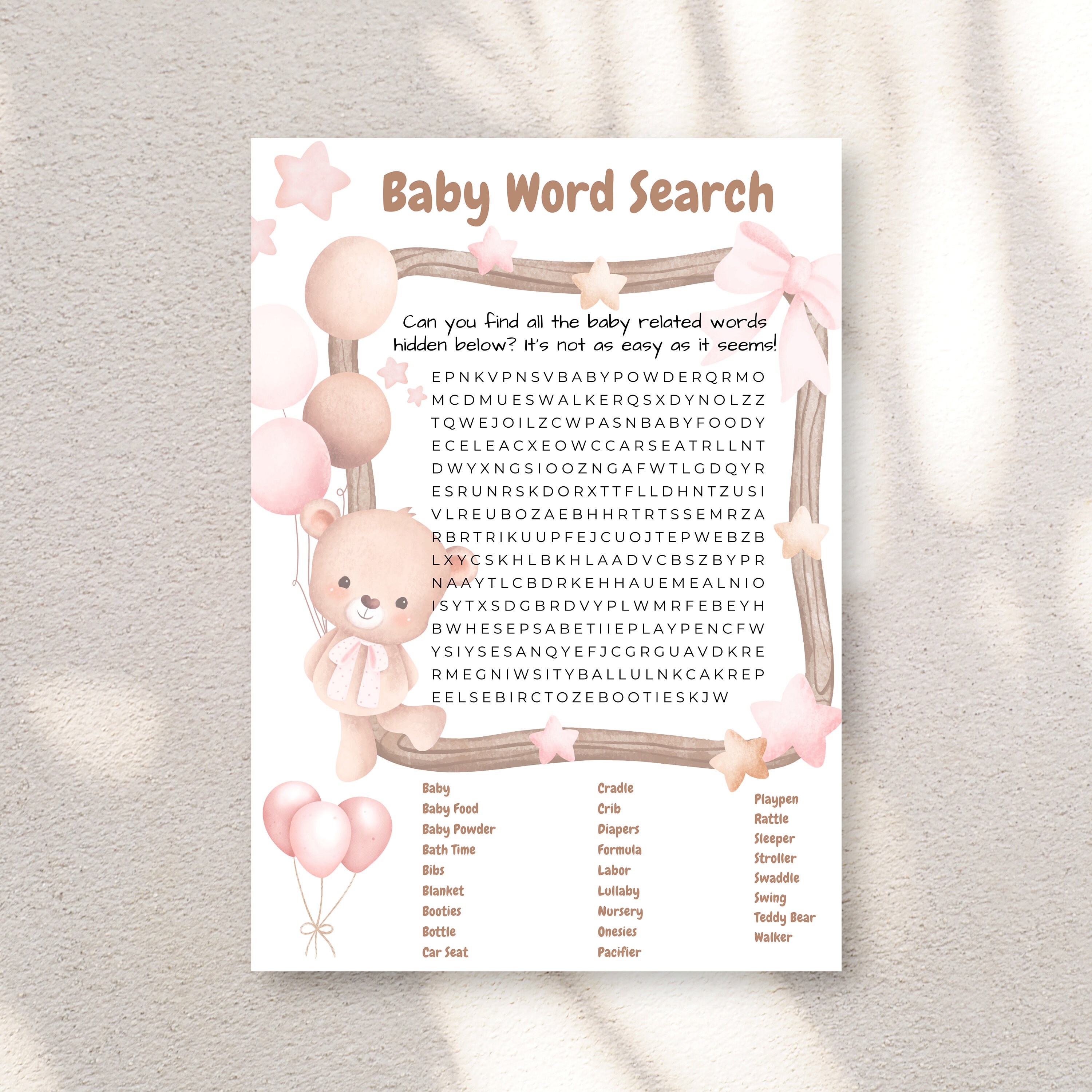 Pink Bear Baby Shower Game, BABY WORD SEARCH, Baby Printable Games ...