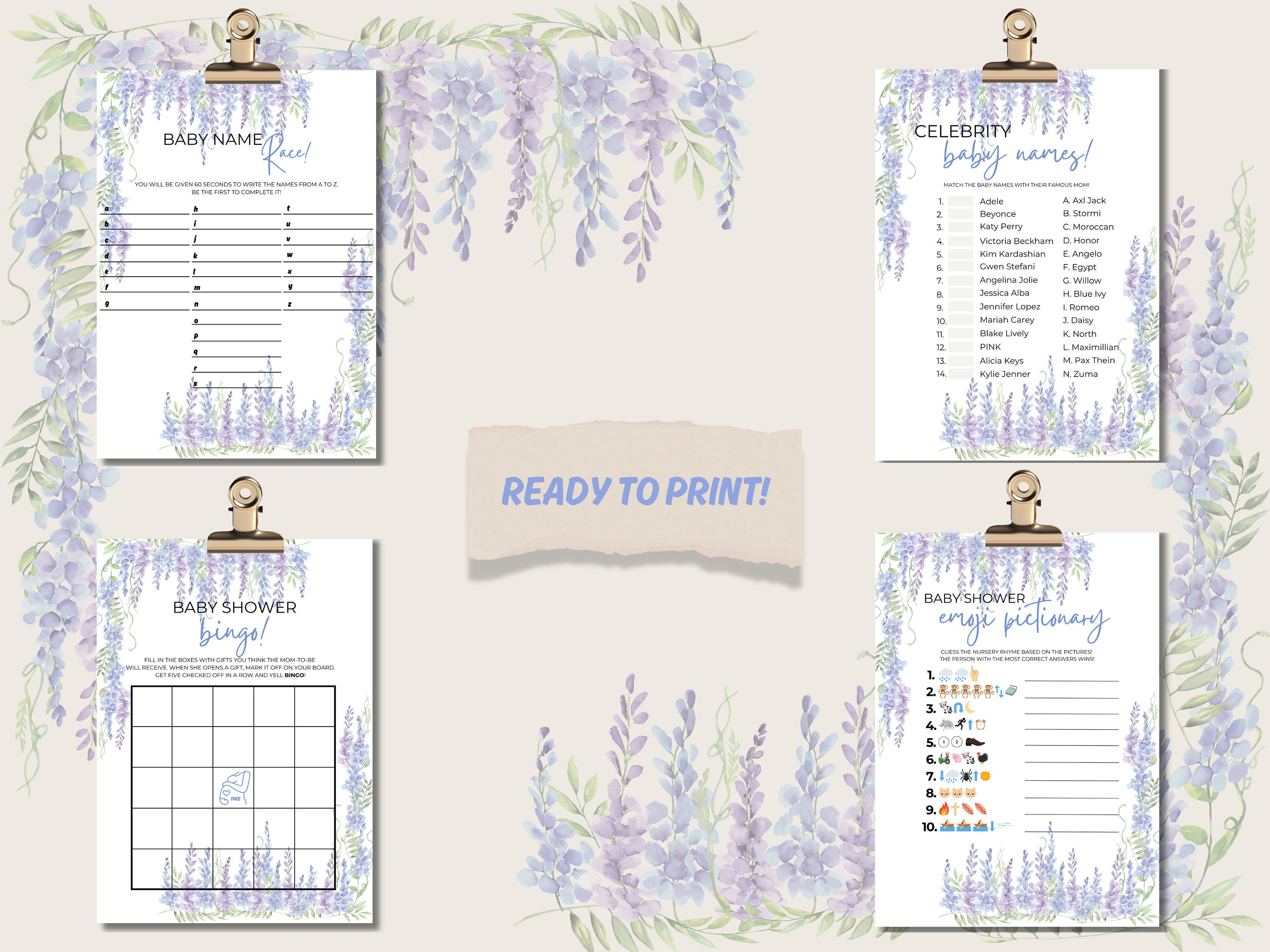 Blue Baby Shower Game Bundle, Printable, Blue Flower Baby Shower ...