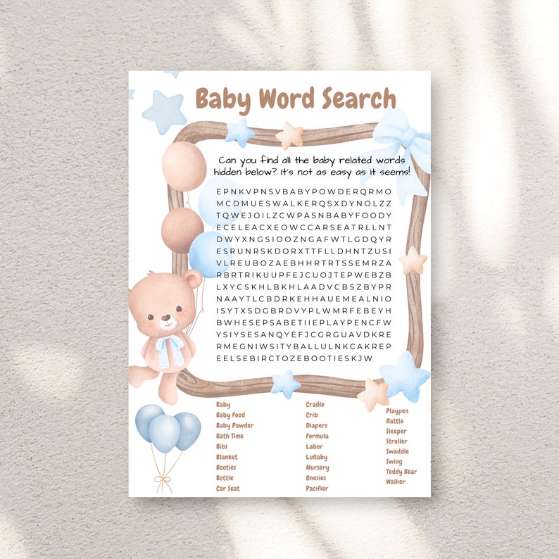 Blue Bear Baby Shower Game, BABY WORD SEARCH, Baby Printable Games ...