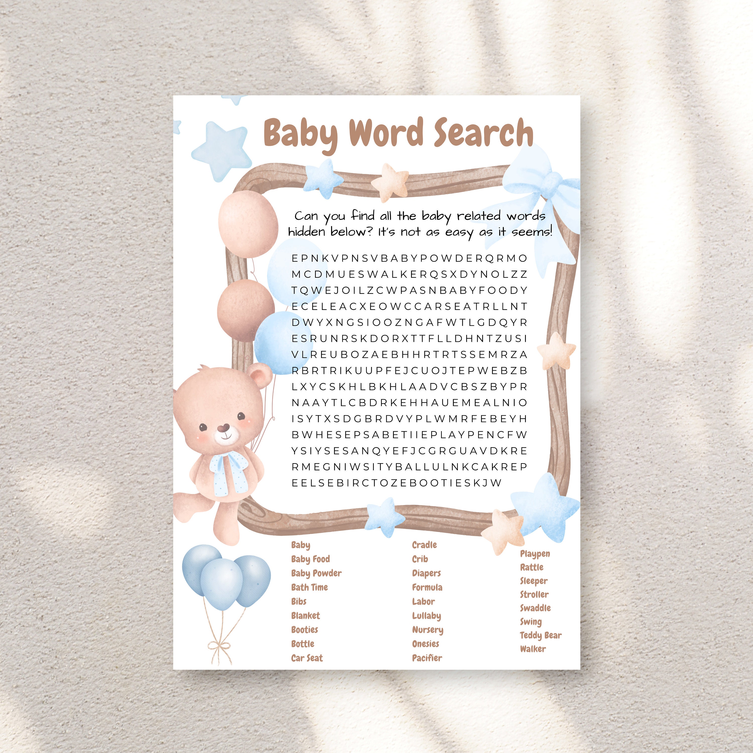 Blue Bear Baby Shower Game, BABY WORD SEARCH, Baby Printable Games ...
