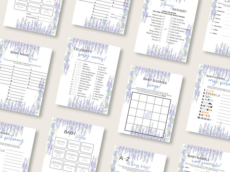 Blue Baby Shower Game Bundle, Printable, Blue Flower Baby Shower ...