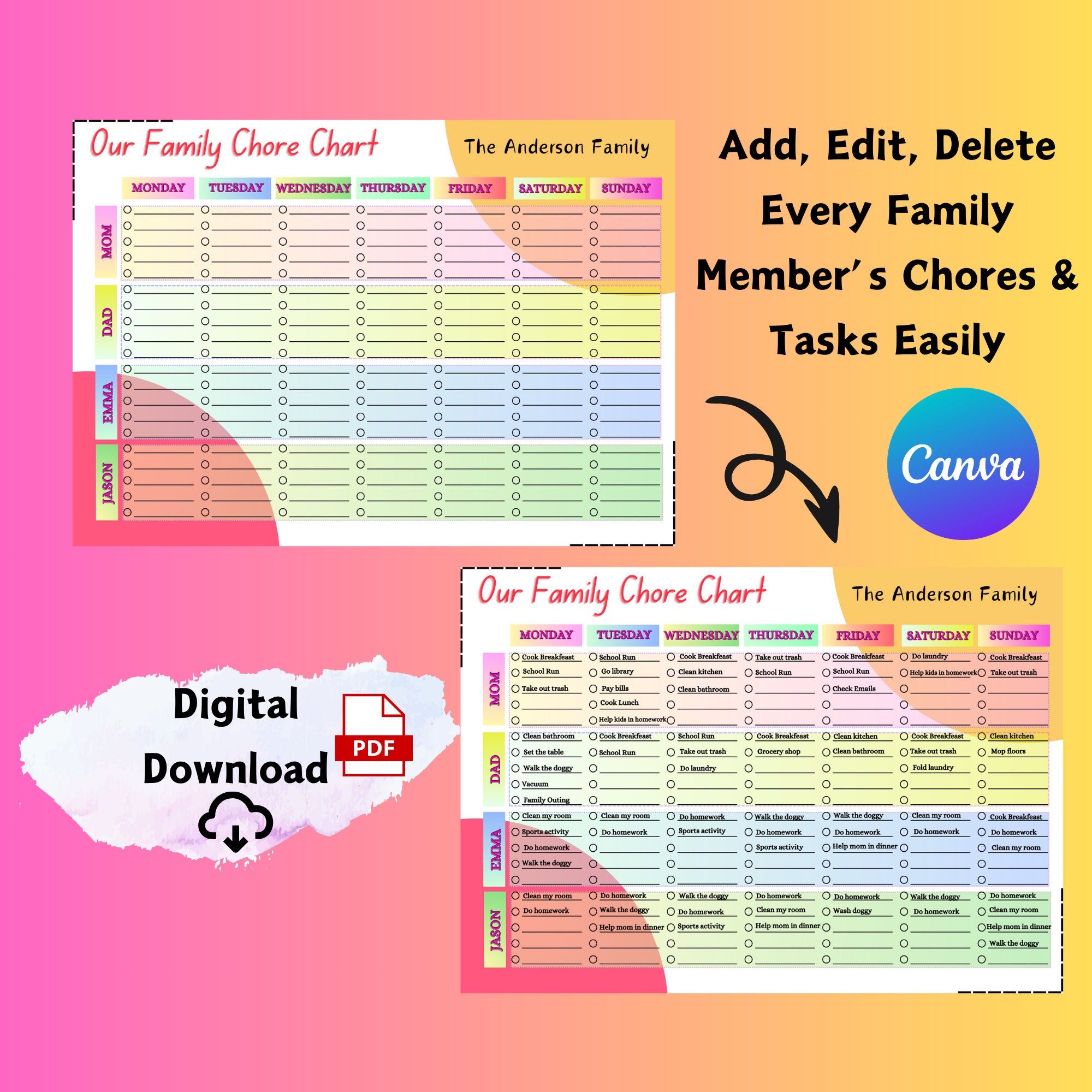 Family Chore Chart, Editable and Printable Family Planner, Family ...