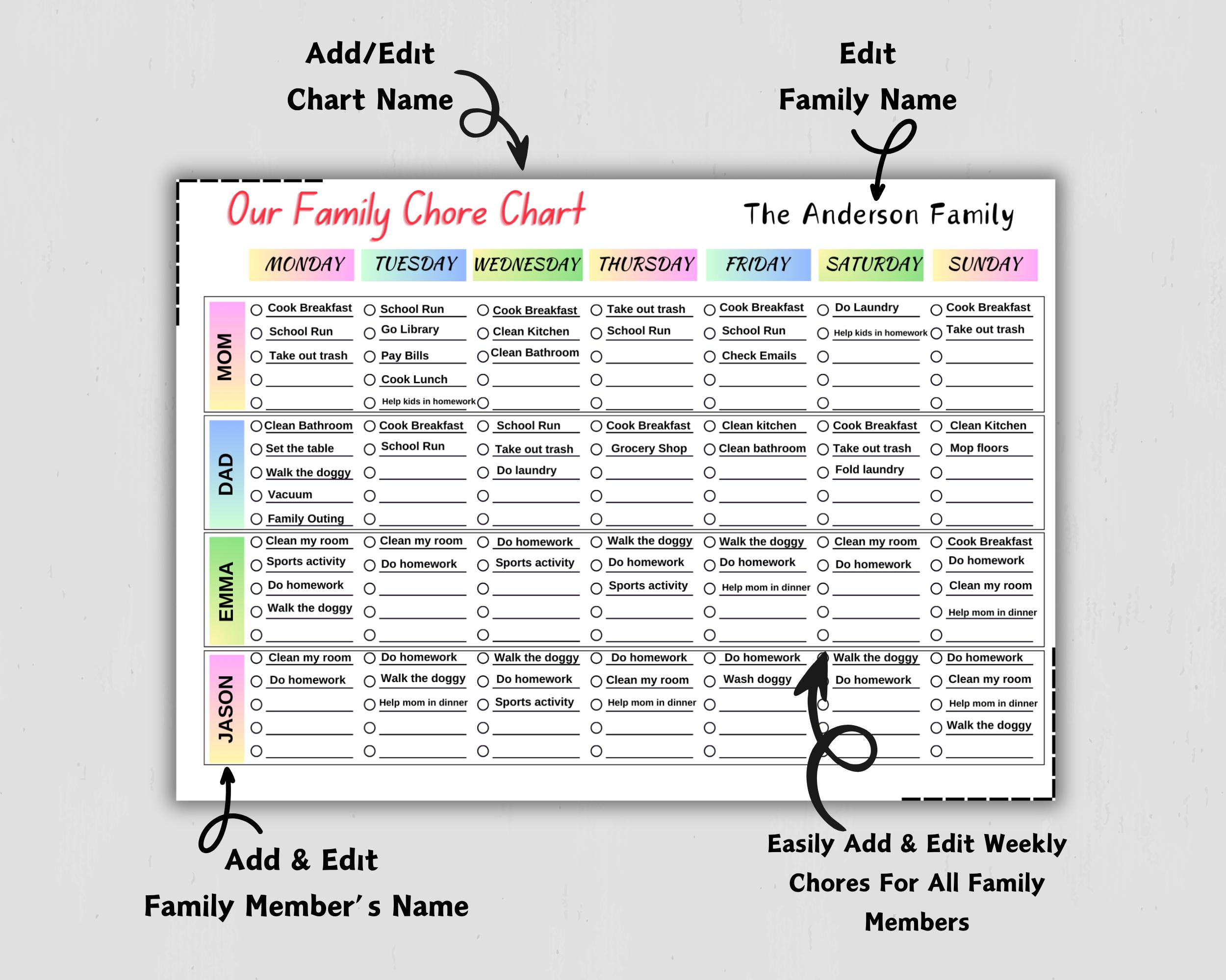 Family Chore Chart, Editable and Printable Family Planner, Family ...