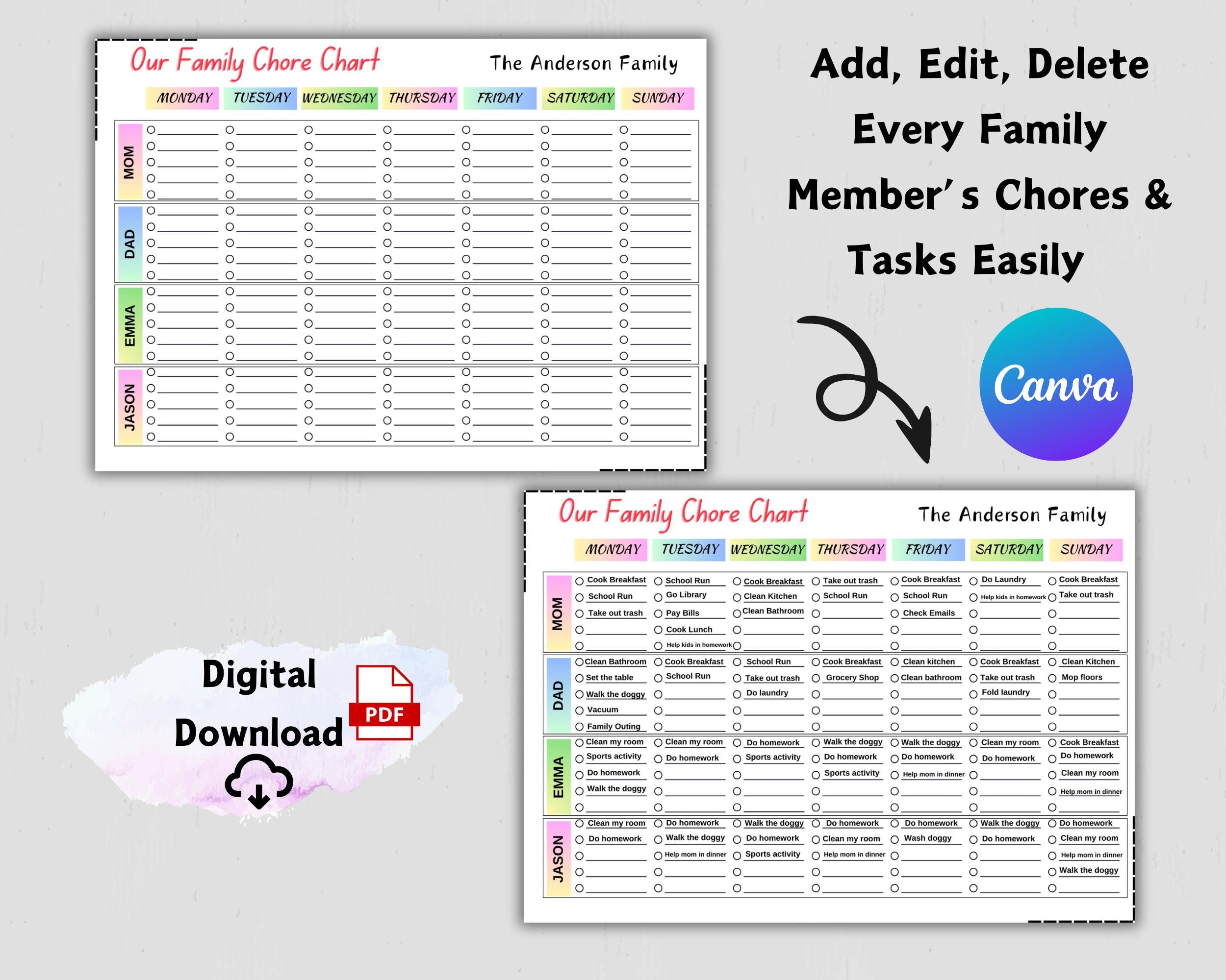 Family Chore Chart, Editable and Printable Family Planner, Family ...