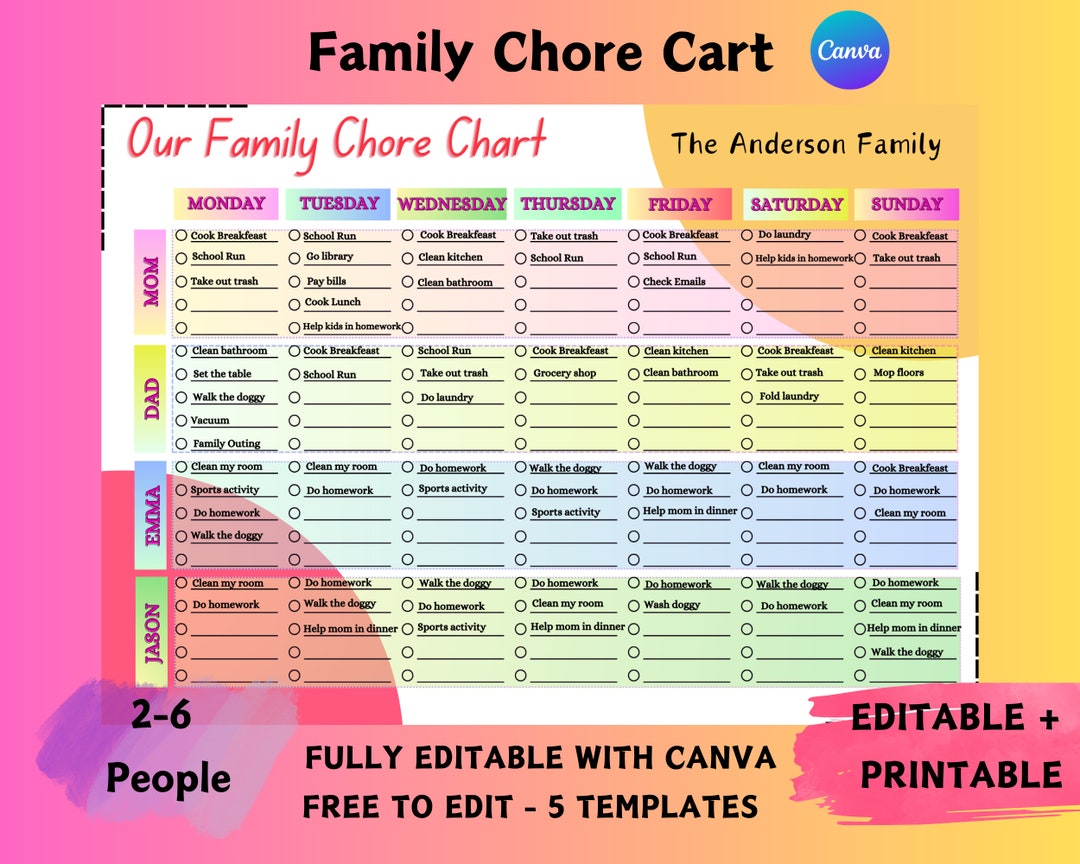 Family Chore Chart, Editable and Printable Family Planner, Family ...