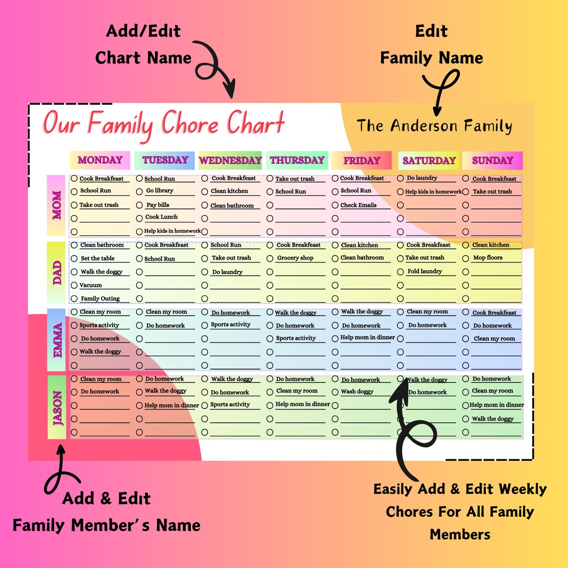Family Chore Chart, Editable and Printable Family Planner, Family ...