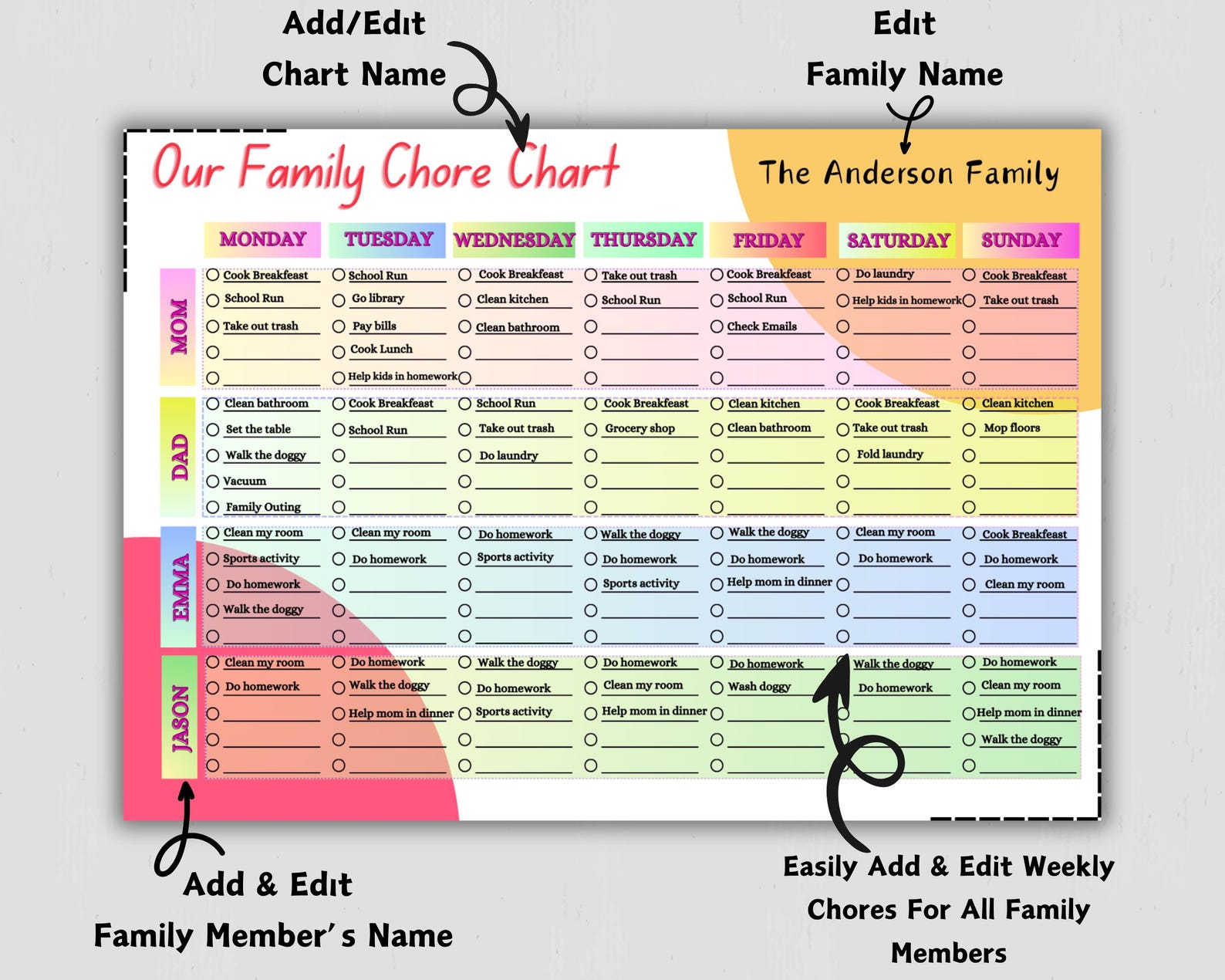 Family Chore Chart, Editable and Printable Family Planner, Family ...