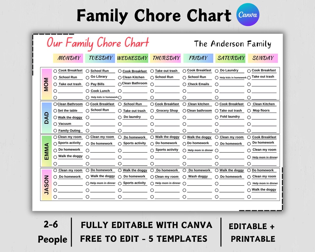 Editable Family Chore Chart | Weekly Household Task Planner | Printable ...
