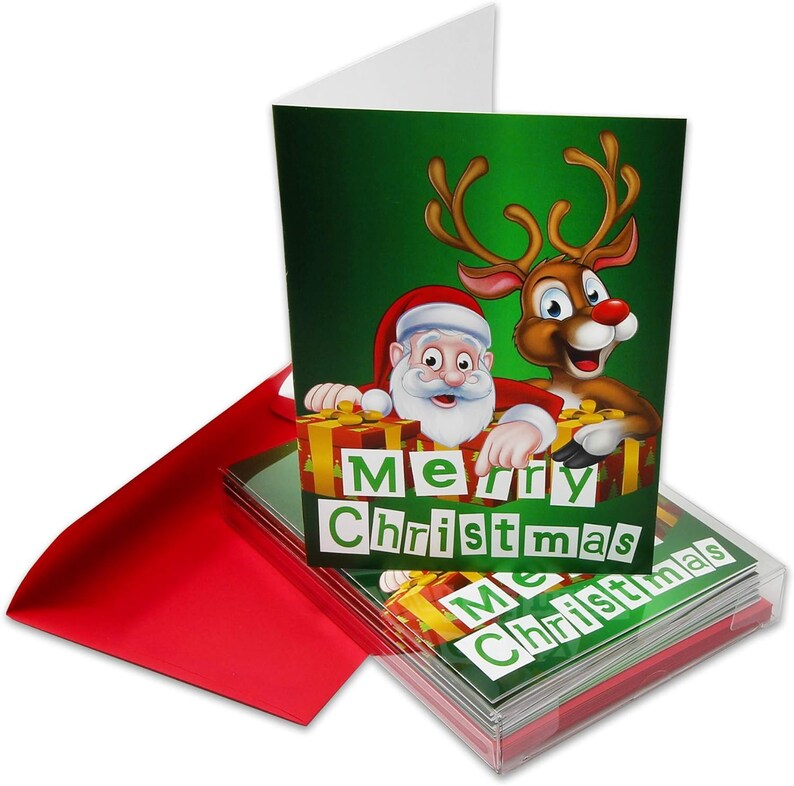 Merry Christmas Santa and Reindeer Cards 12 Count - Blank Inside With ...