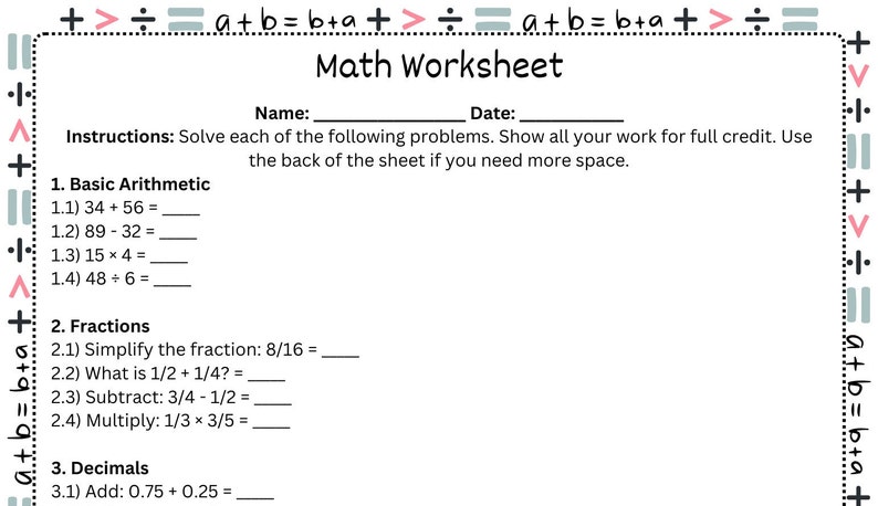 Math Worksheet - Etsy