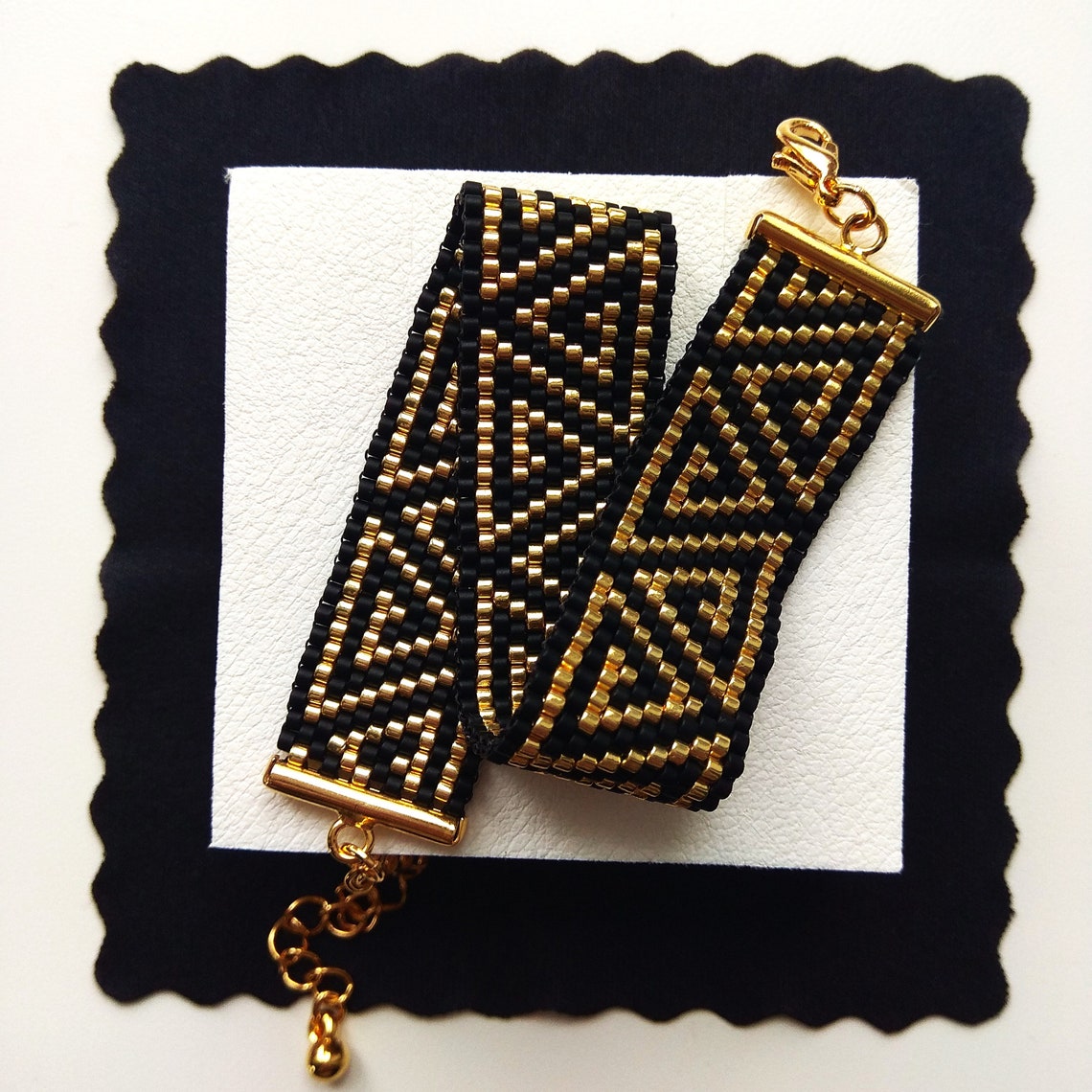 Geometric Bracelet Beaded Bracelet Black and Gold Bracelet Seed Bead ...