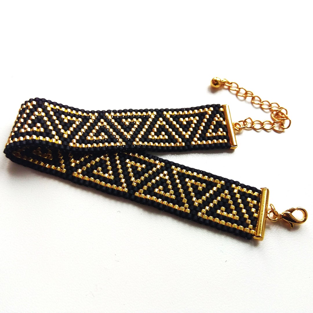 Geometric Bracelet Beaded Bracelet Black and Gold Bracelet Seed Bead ...