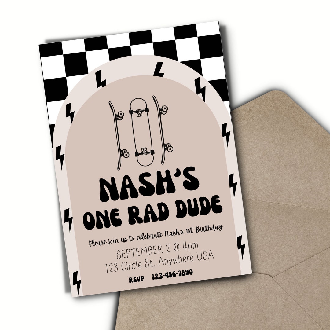 Skateboard Birthday Invitation: One Rad Dude, Editable Template ...