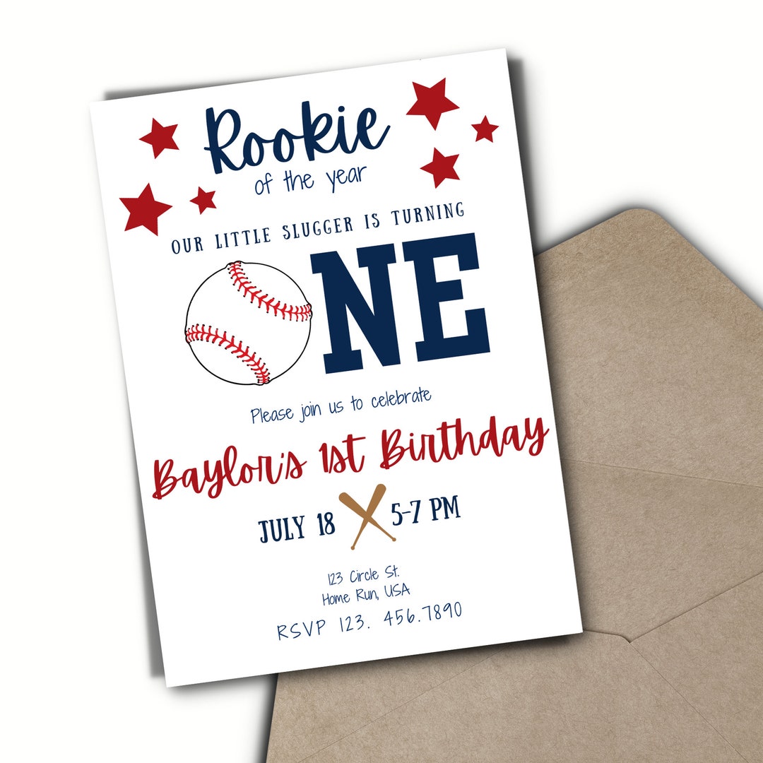 Rookie of the Year Birthday Invitation, First Birthday, Baseball ...