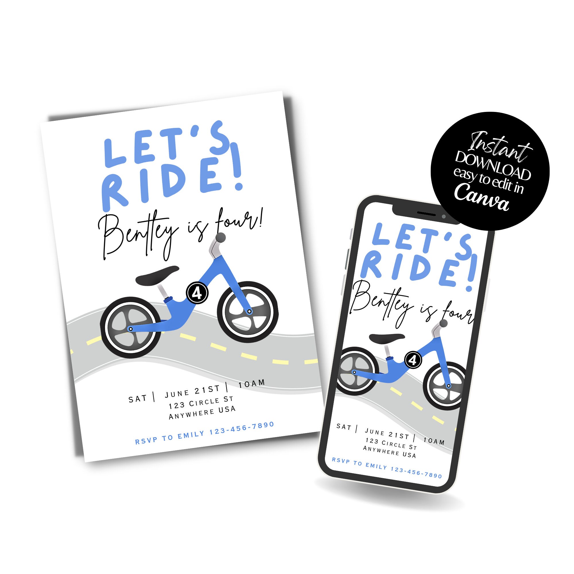 Let's Ride Blue Birthday Invitation, Editable Template, Balance Bike ...
