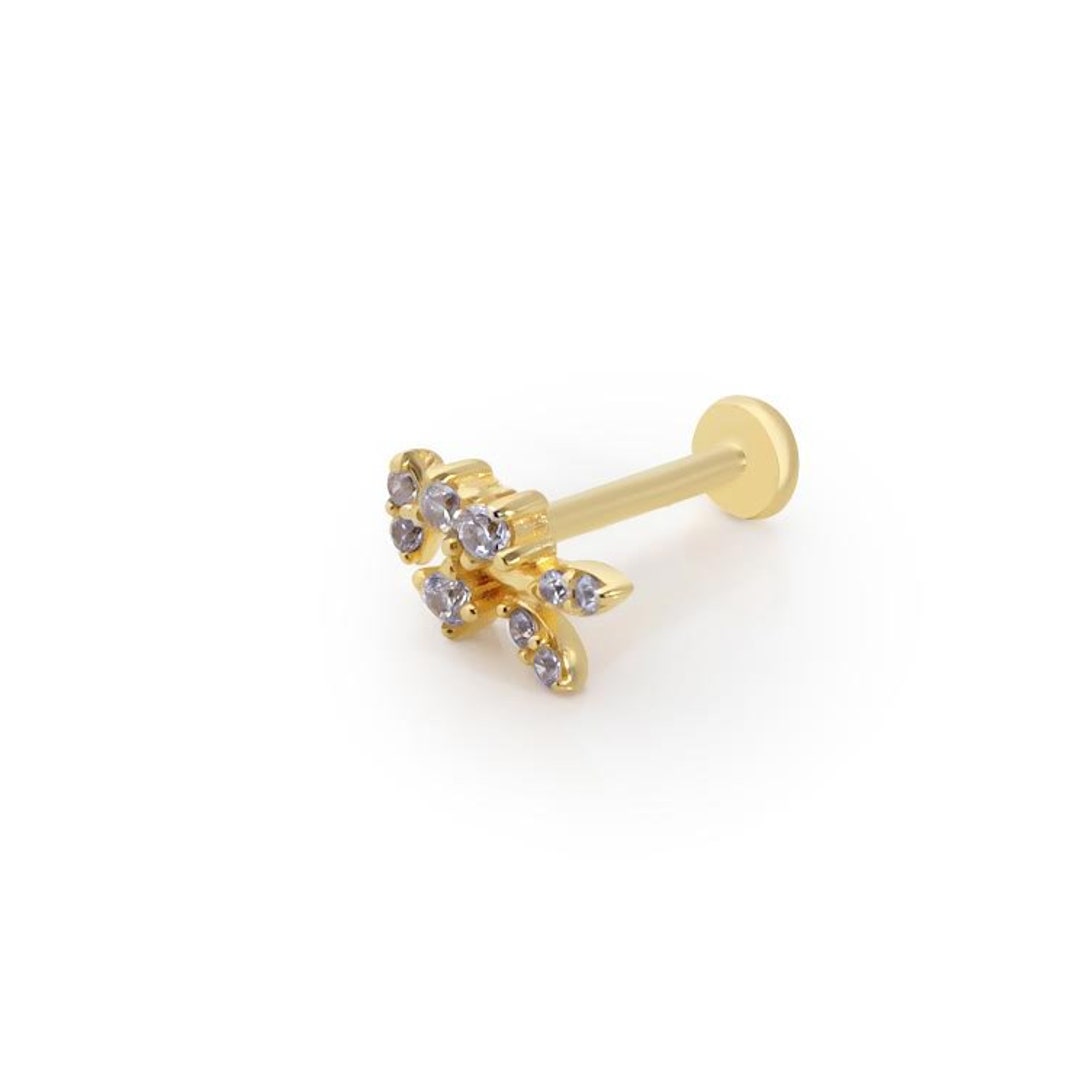 14K Solid Gold Leaf Tragus Piercing, Gold Flat Back Piercing, Stud Ear ...