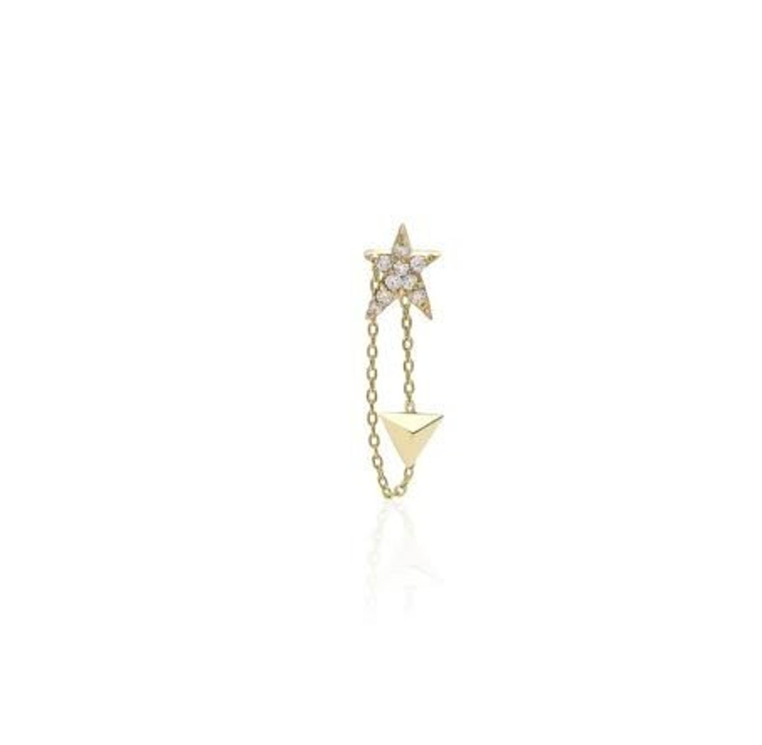 14 K Solid Gold CZ Star Shaped Piercing, Dangle Triangle Chain Piercing ...