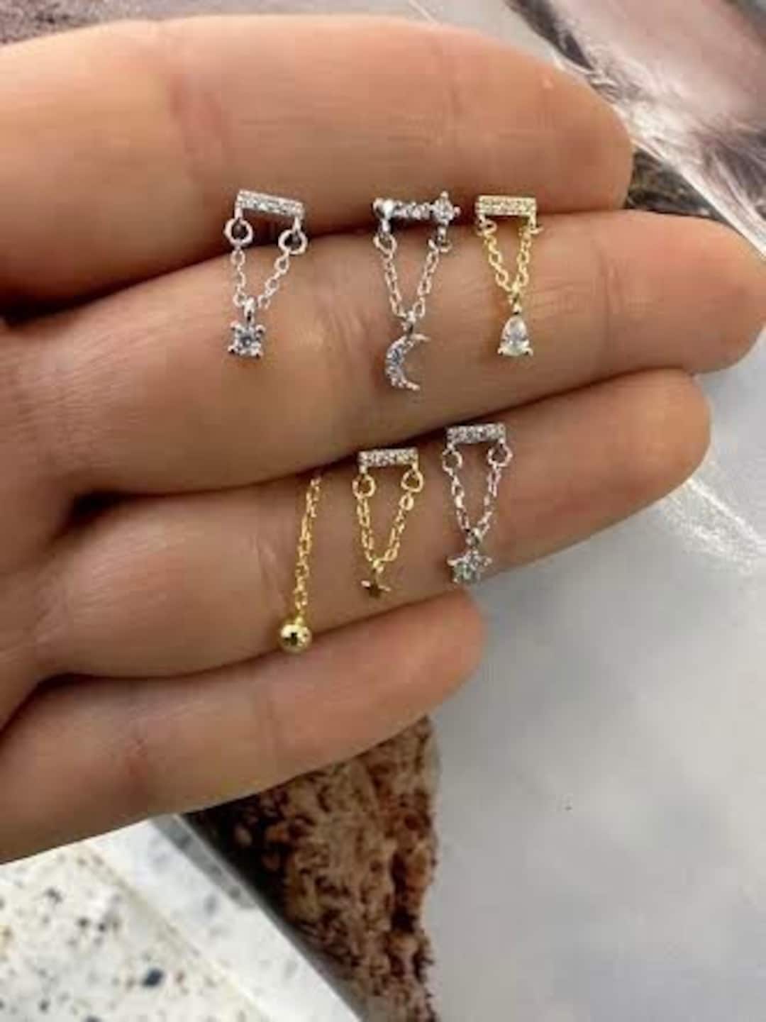 925 Solid Silver, Dangle Drop Chain Star Piercing, Stud Earring, Dangle ...