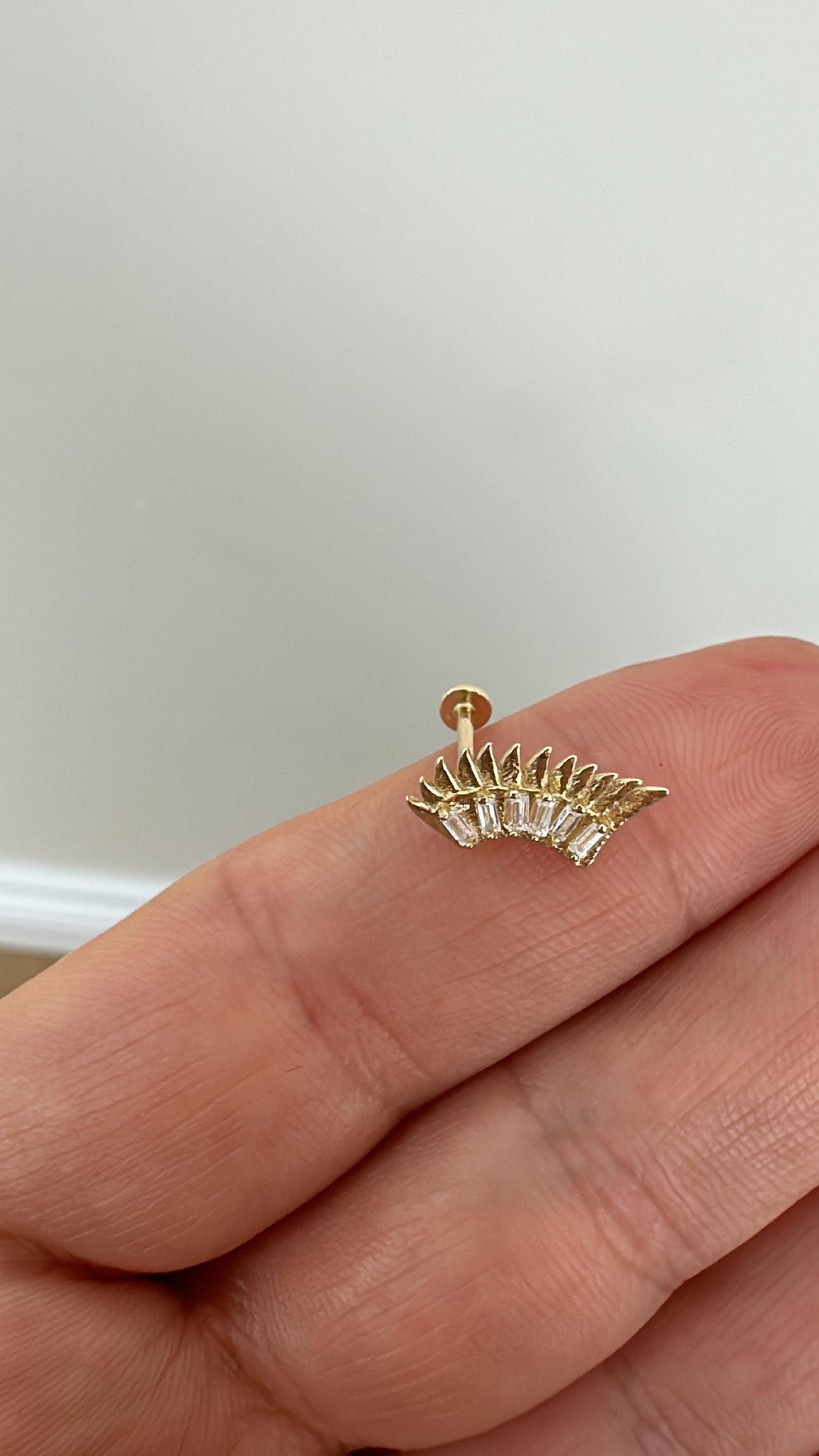 14K Solid Gold Wing Piercing, Baguette Cartilage Piercing, Gold ...