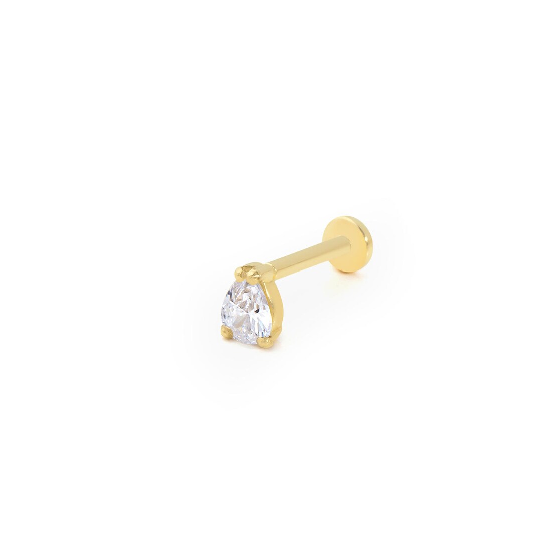 14K Solid Gold Teardrop Piercing, Tragus Piercing, Gold Flat Back ...