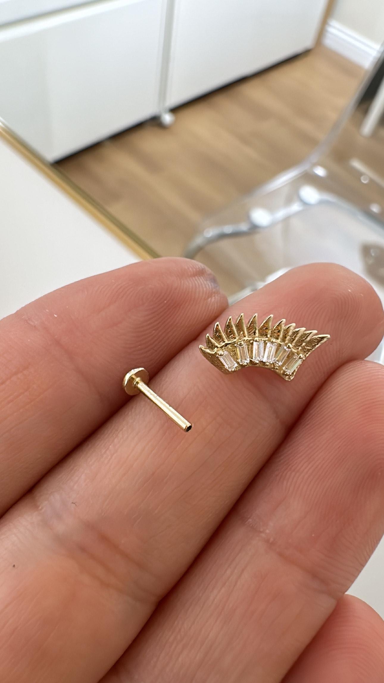 14K Solid Gold Wing Piercing, Baguette Cartilage Piercing, Gold Flatback Piercing, Minimalist ...