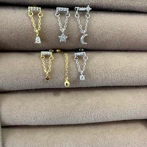 925 Solid Silver, Dangle Drop Chain Star Piercing, Stud Earring, Dangle Chain Earrings ...