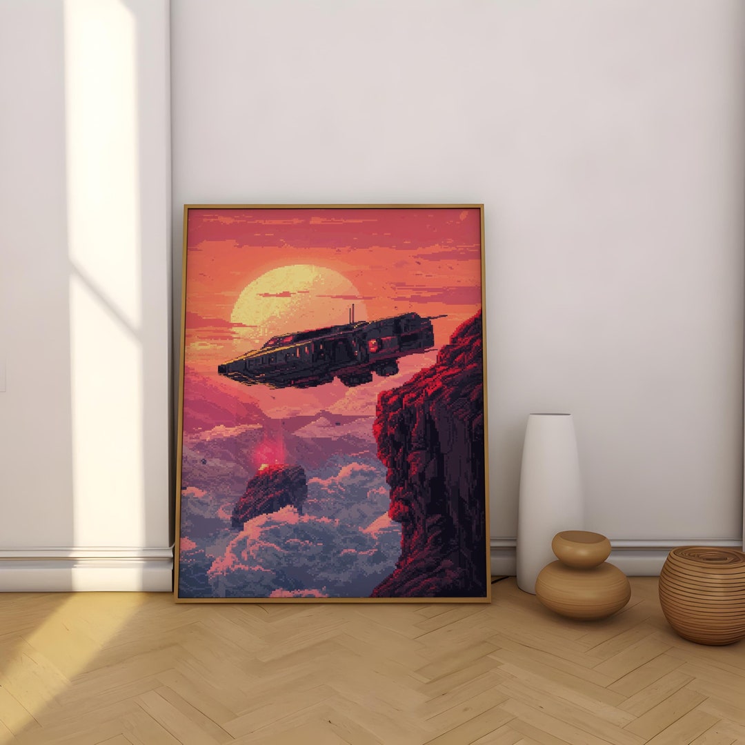 Sci-fi Pixel Art Spacecraft Poster, Retro Gaming Room Decor, Futuristic ...