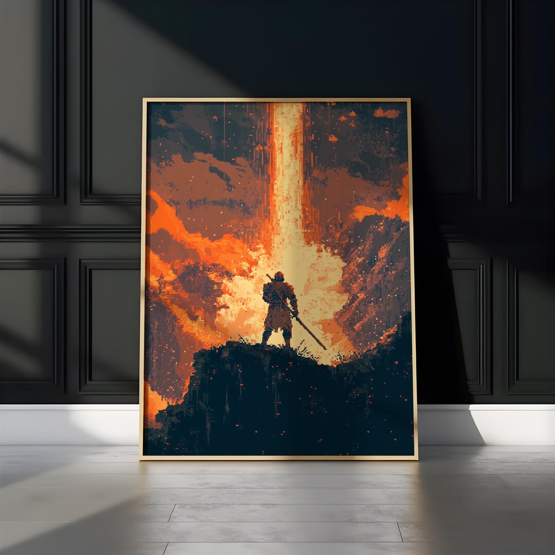 Apocalyptic Warrior Pixel Art Poster, Fire Waterfall Cliff Scene, Epic ...