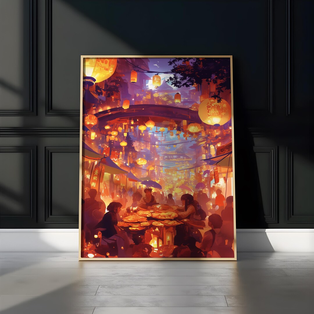 Anime Street Market Poster for Home Decor, Vibrant Lantern Festival Art ...