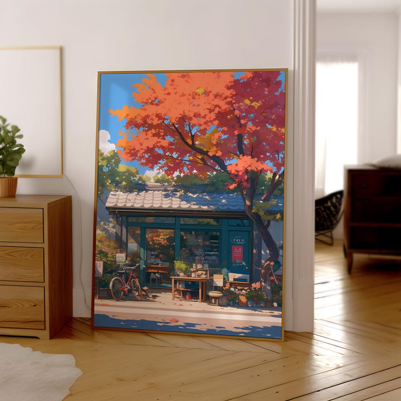 Vertical Poster, Cozy Japanese Storefront on Autumn Day, Studio Ghibli ...
