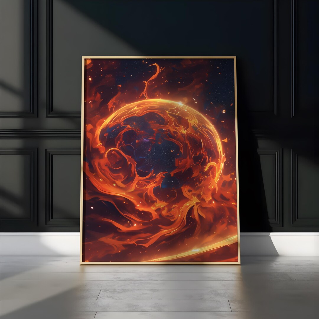 Fiery Cosmic Orb Digital Art Poster, Vivid Red and Blue Space Art, Sci ...