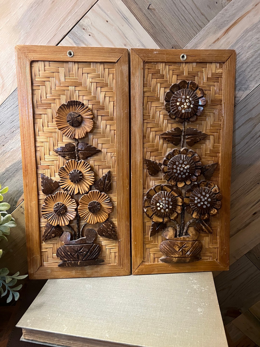 Vintage Wicker and Carved Coconut Shell Flower Wall Art-set of 2 - Etsy